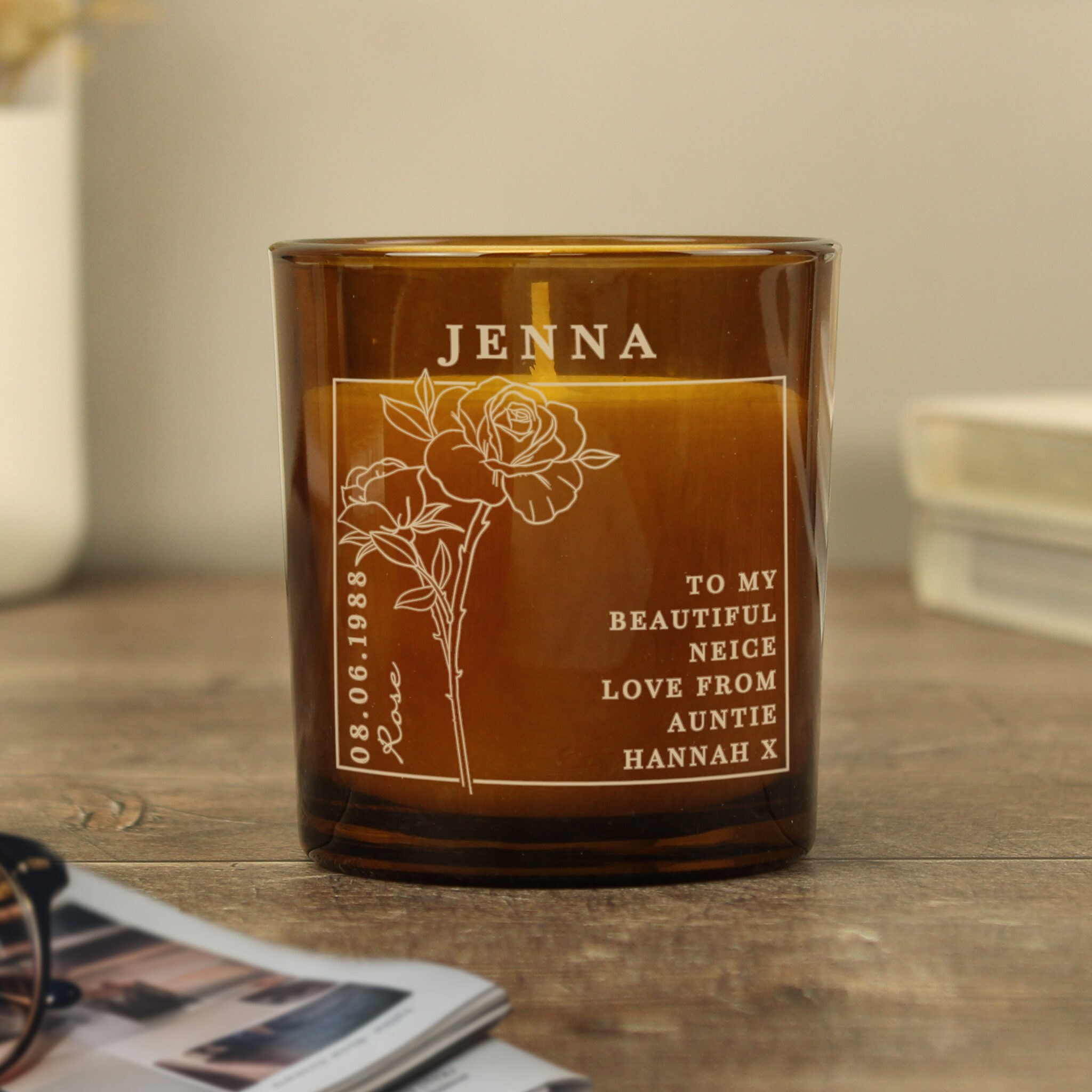 Personalised June Birth Flower Amber Glass Candle - Personalised Gifts ...