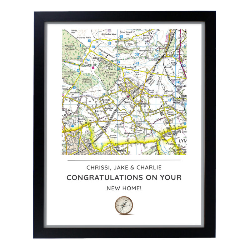 Personalised Present Day Map Compass Black Framed Print - Personalised ...