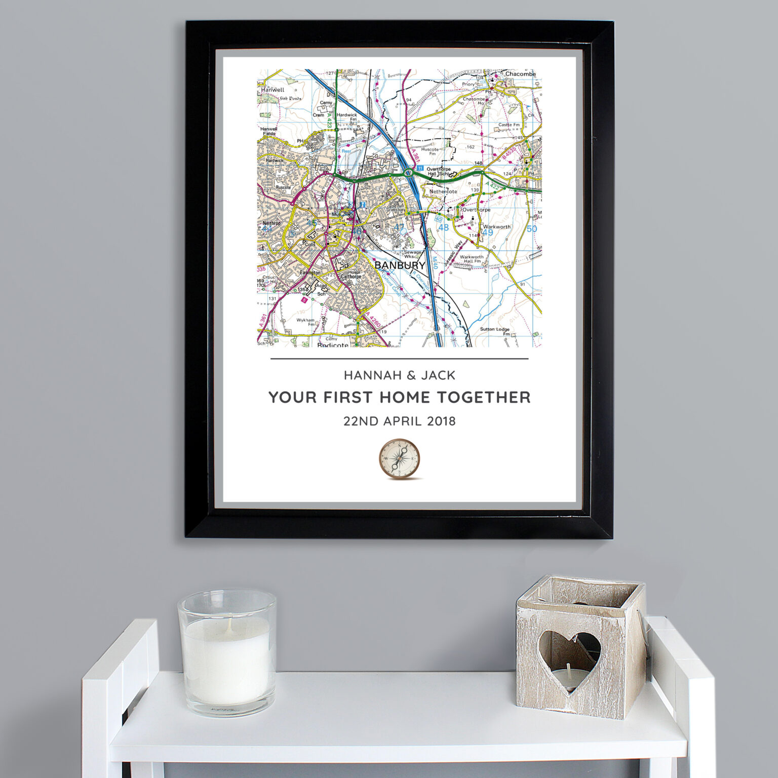 Personalised Present Day Map Compass Black Framed Print - Personalised ...