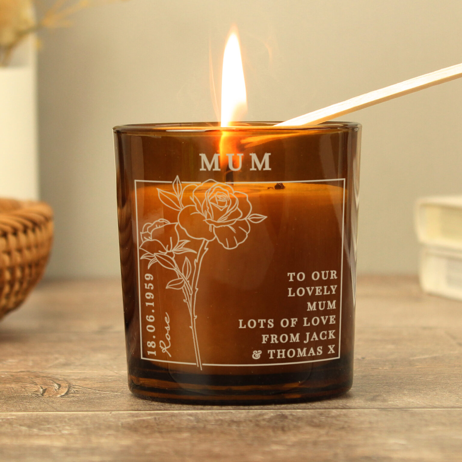 Personalised June Birth Flower Amber Glass Candle - Personalised Gifts ...